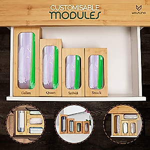 Wolfline Ziplock Bag kitchen drawer organizer, Bamboo plastic bag holder, Premium food storage bag organizer for gallon quart sandwich and snack, Bigger box size for quart slider bags, Silicone grip pad, 4pcs bamboo drawer organizer