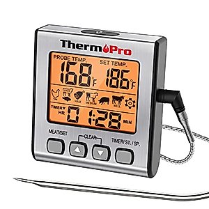 ThermoPro TP16S Digital Meat Thermometer for Cooking and Grilling, BBQ Food Thermometer with Backlight and Kitchen Timer, Grill Temperature Probe Thermometer for Smoker, Barbecue, Oven, Cookware