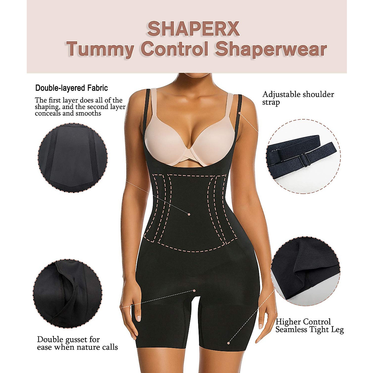 SHAPERX Shapewear for Women Tummy Control Open Bust Thigh Slimmer Body Shaper, SZ2490293-Black-L