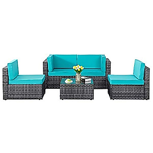 SUNLEI 5pcs Patio Outdoor Furniture Sets Conversation Set,Low Back All-Weather Rattan Sectional Sofa with Tea Table&Washable Couch Cushions(Silver Rattan)(Blue)