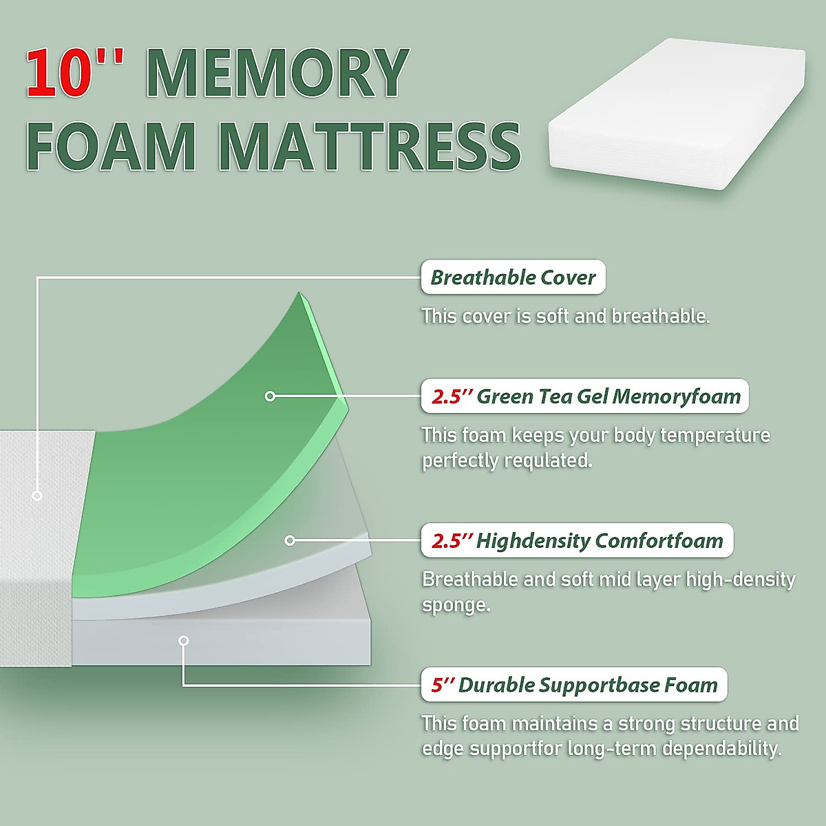 PayLessHere 10 Inch Twin Mattress Green Tea Memory Foam Mattress CertiPUR-US Certified,Medium-firm mattress，Removable Soft Cover,Fiberglass Free,Twin mattresses for Bed Frame, Bunk Bed, Trundle, White