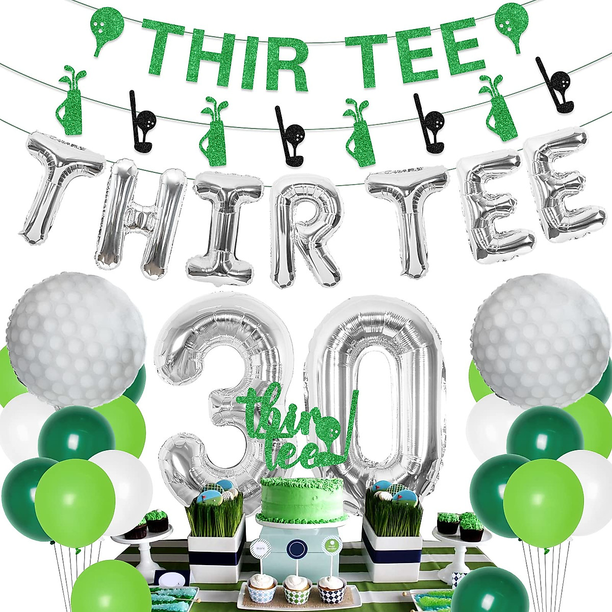 kreat4joy Golf 30th Birthday Decorations, 30th Birthday Decorations for Men, Thir-Tee Birthday Banner Cake Topper Glitter, Golf Ball Foil Balloons for 30th Golf Sports Theme Birthday Party Decorations