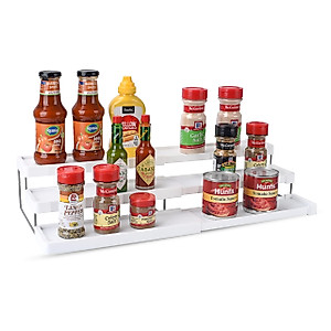 OMAIA 3 Tier Spice Rack Organizer - Expandable 3-Level Seasoning & Spice Organization for Cabinet, Pantry, Kitchen Countertop - Adjustable Length with Sturdy Metal Frame - White
