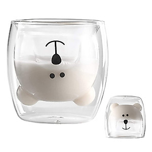 QIJIAHUI Glass Bear Coffee Mugs, Capacity 8 oz 250ML, Double Wall Insulated Cute Kids Coffee Milk Beer Cups for Latte, Cappuccino, Americano, Tea (Clear-glass Set of 2)