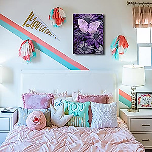 Purple Butterfly Painting Giclee Print on Canvas, Stretched and Framed, Modern Home Decoration for living room, bedroom, bathroom decor Wall Art,12 By 16Inch,Ready To Hang