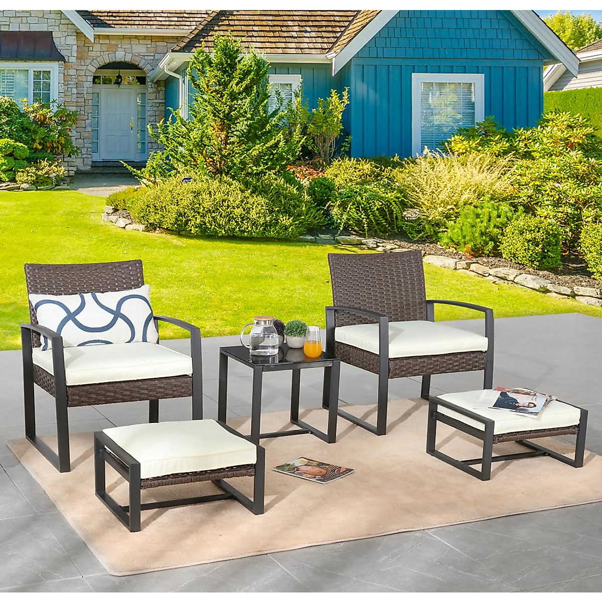 ARTLOFT 5 Pieces Patio Bistro Set, Outdoor Wicker Furniture Set Modern Rattan Patio Chairs with Side Table & Ottomans, Patio Conversation Sets for Balcony, Apartment, Porch, Garden (White)