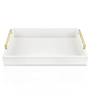 Crown Home & Living Ottoman Serving Tray 16.5x12.25 - White Coffee Table Tray with Brushed Gold Handles, Handcrafted, Sturdy & Spacious - Ideal for Bedroom, Kitchen, Living Room Decor
