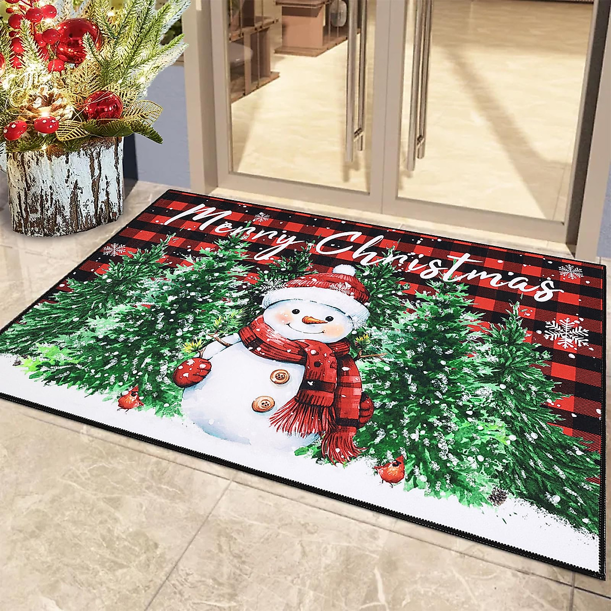 SHACOS Christmas Doormat Washable Non-Slip Christmas Red and Black Plaid and Snowman Doormats, Winter Xmas Tree Low Profile Entrance Floor Mat Merry Christmas Decorations for Home, 32"x48"