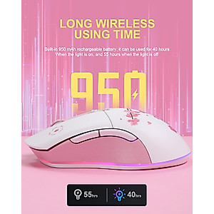 DAREU Sakura Pink Wireless Wired Gaming Mouse, Dual-Mode Rechargeable 7 Programmable Buttons,10K DPI,RGB and 7 Adjustable DPI Levels up to [150IPS] [1000Hz Polling Rate] for PC Notebook Mac