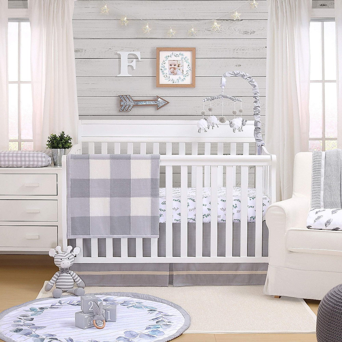 Sage Green and Grey Leaves Fitted Baby Crib Sheet - Farmhouse Collection by The Peanut Shell