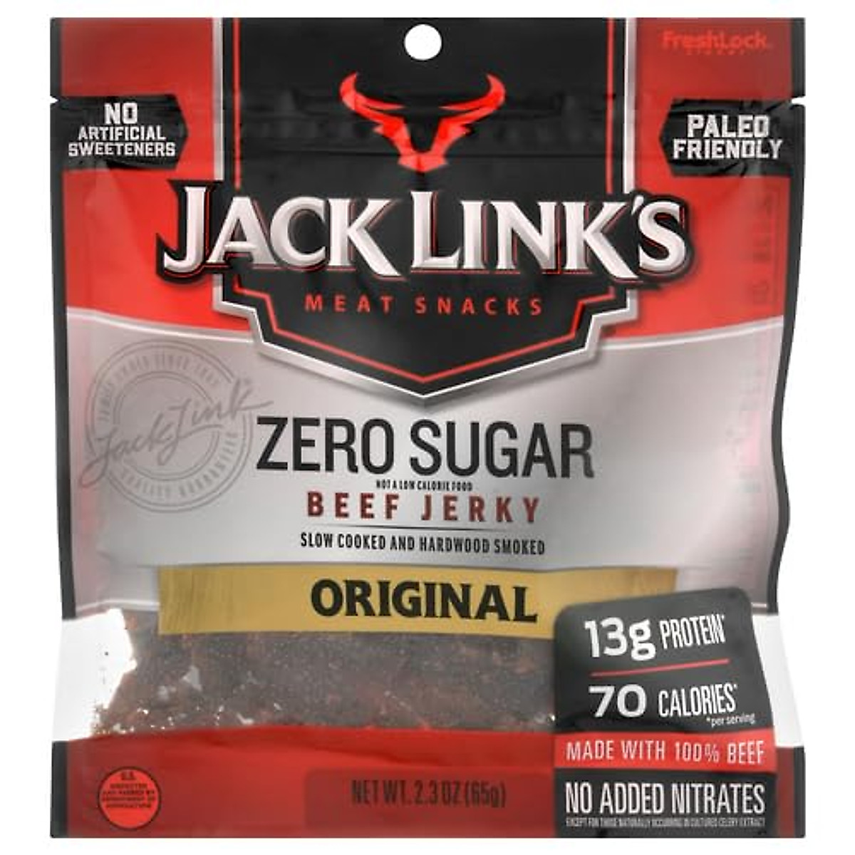 Jack Link's Beef Jerky, Zero Sugar, Paleo Friendly Snack with No Artificial Sweeteners, 13g of Protein and 70 Calories Per Serving, No Sugar Everyday Snack, 2.3 oz