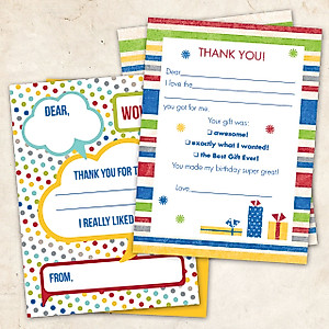 Dots and Stripes Kids Thank You Note Card Pack / 20 Fill In Childrens Colorful Thanks Cards With White Envelopes / 4 5/8" x 6 1/4" Kid Birthday Party Thank You