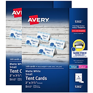 Avery Printable Small Tent Cards, 2" x 3.5", Two-Sided Printing, Matte White, 2 Pack, 320 Cards Total (5812)