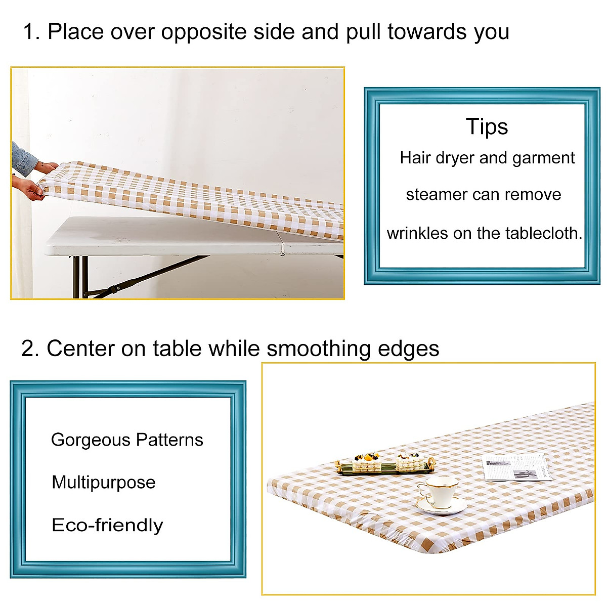 6ft Rectangle Elastic Fitted Tablecloth, Waterproof Spill-Proof Edged Vinyl Table Cover Khaki Checkered Printed with Flannel Baking, Easy to Wipe Off Stains, Great for Picnic Party Outdoor Patio