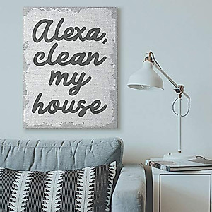 Stupell Industries Alexa Clean My House Funny Family Home Neutral Grey Word, Design by Artist Daphne Polselli Wall Art, 36 x 48, Canvas