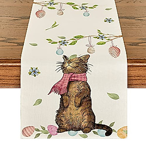 Artoid Mode Cat Branches Leaves Heart Eggs Easter Table Runner, Spring Summer Seasonal Holiday Kitchen Dining Table Decoration for Indoor Outdoor Home Party Decor 13 x 72 Inch