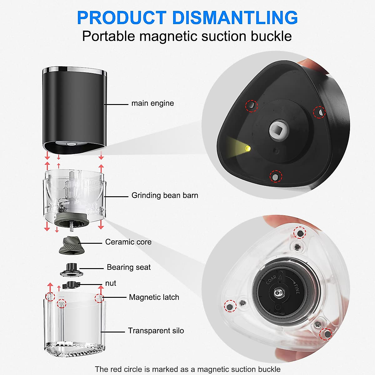 KMYC Coffee Grinder Electric Rechargeable, Bean Grinders for Espresso Coffee Maker and Spice Salt Pepper, Coarse Fine Adjustable Grinding Setting, Small Size Portable and Cordless