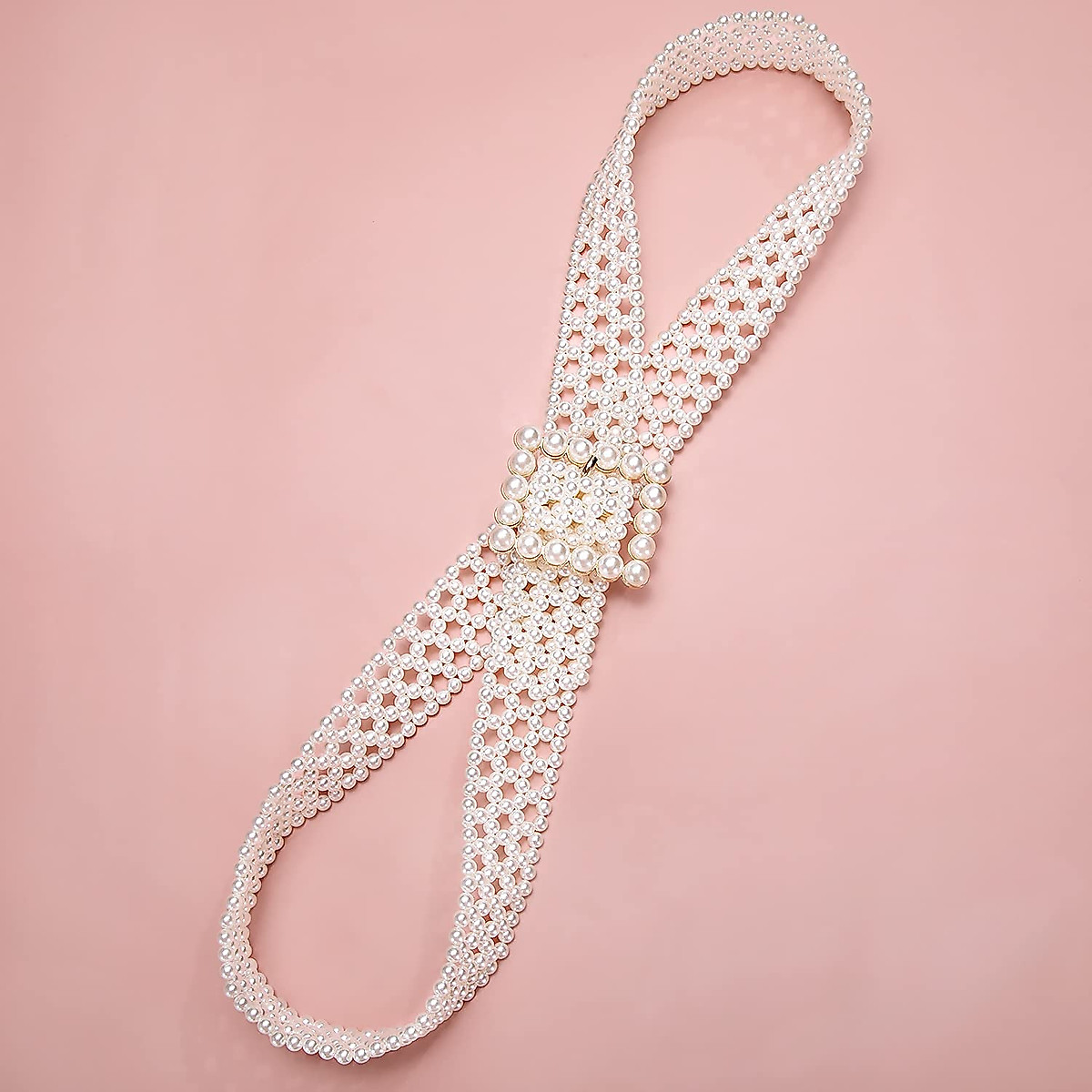 Barry.Wang Wide Belt for Women Fashion Wedding Sash Dress Pearls Belt Square Buckle Elastic Waist Chain