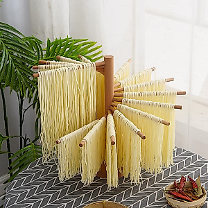 DlbvFoy Collapsible Pasta Drying Rack, Wooden Spaghetti Stand Dryer with 16 Suspension Rods Homemade Fresh Noodle Hanger, Noodle Drying Rack Easy Storage and Quick Set-Up Hanging Rack