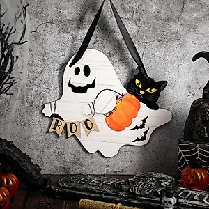 Amyhill Halloween Boo Decorations Wooden Ghost Hanging Sign 3D Black Cat Front Door Hanger Halloween Wreaths Spooky Welcome Sign for Halloween Indoor Outdoor Wall Home Porch Party Haunted House