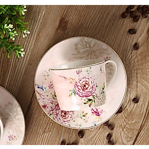 GuangYang Porcelain Tea Cups and Saucers,7 Ounce,Set of 2,Peony Flower Design Coffee Cup with Saucer,220ml Vintage Teacup (Total 4 pieces)