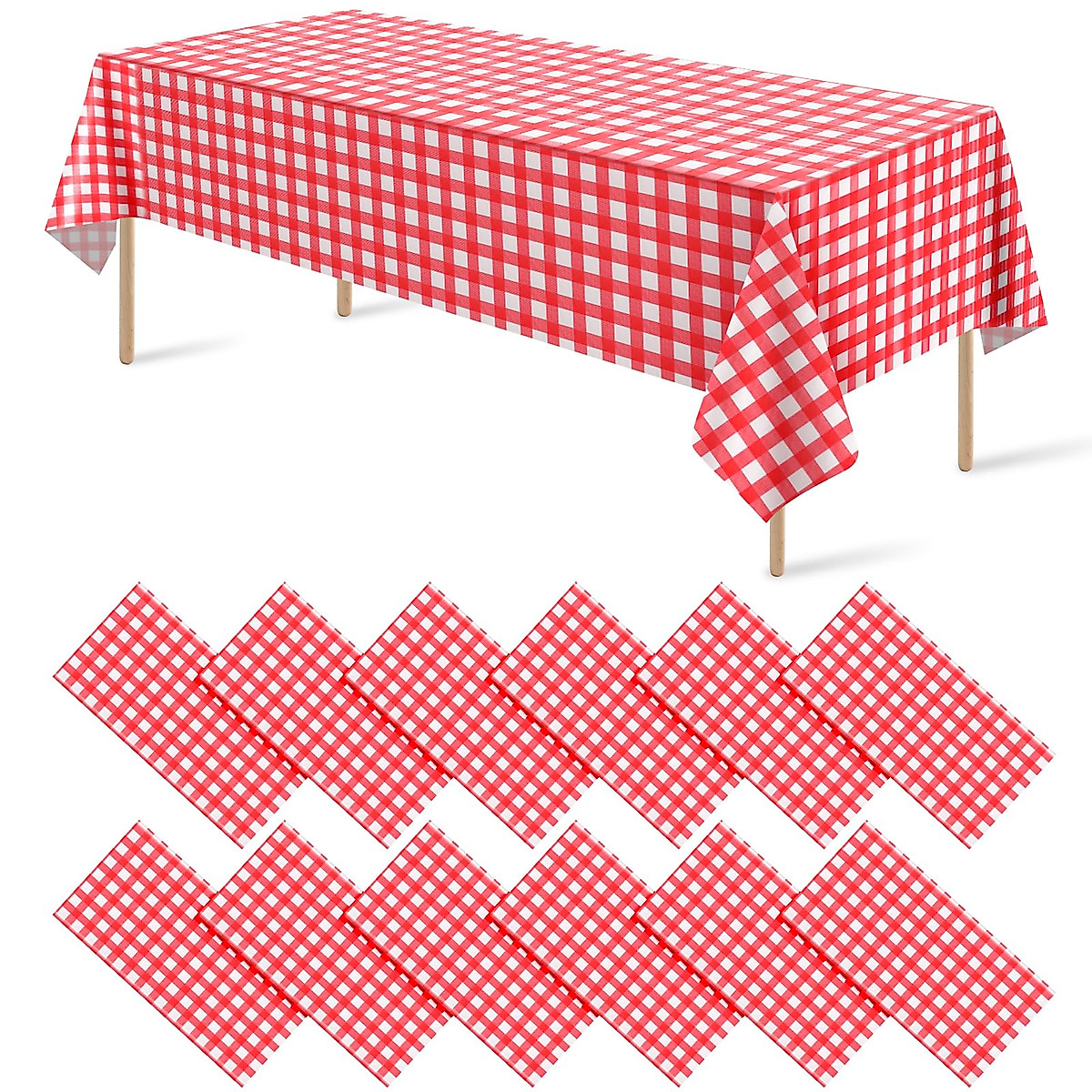 12 Pack Red and White Plastic Checkered Tablecloth, Premium Decorative Disposable Red Gingham Plaid Table Cloths for Parties, Rectangle Party Table Cover for Picnic Farm Birthday Wedding, 54x108 Inch