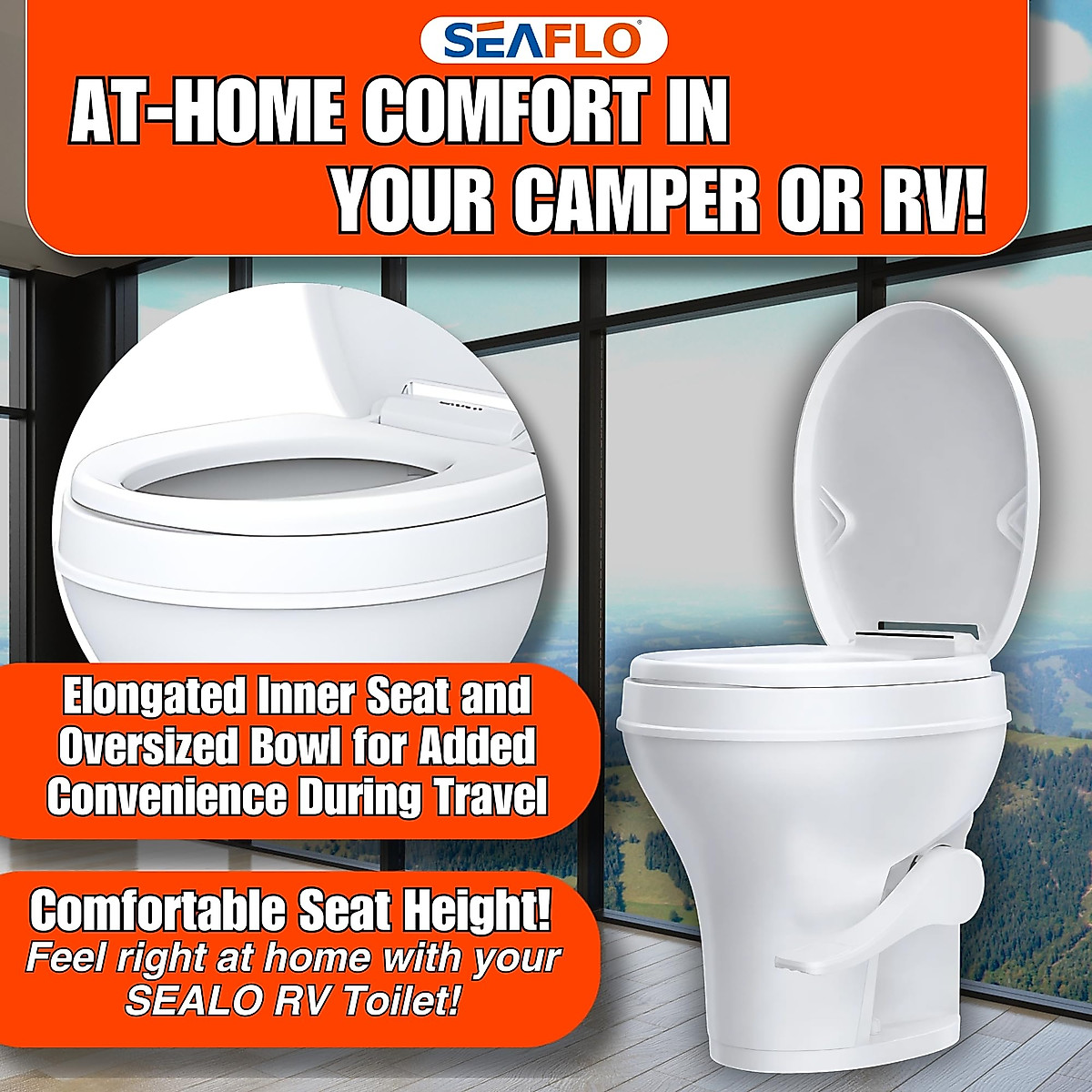 SEAFLO Residential Height Camper/RV Toilet, 18.5” Standard Height, Gravity Flush System, Foot Pedal Operation, Soft Close Seat, Easy-to-Clean Oversized Bowl, 4-Year Warranty