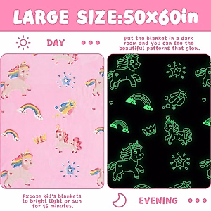 inhand Glow in The Dark Blanket Unicorn Kids Throw Blanket for Couch Unicorn Soft Fleece Blanket Gift for 4-12 Girls Fuzzy Room Decor Birthday Toys, 50"x60", Pink