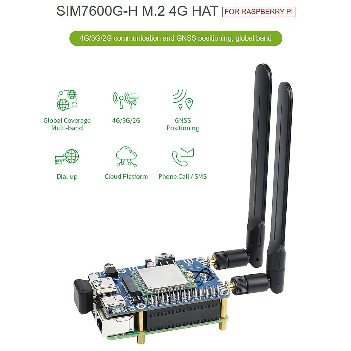 Waveshare SIM7600G-H M.2 4G HAT, Compatible with Raspberry Pi 5/4B/3B/Zero/Zero W/Zero 2W/Pico/Pico W/Pico WH, LTE CAT4 High Speed Global Coverage Multi Band 4G/3G/2G, GNSS