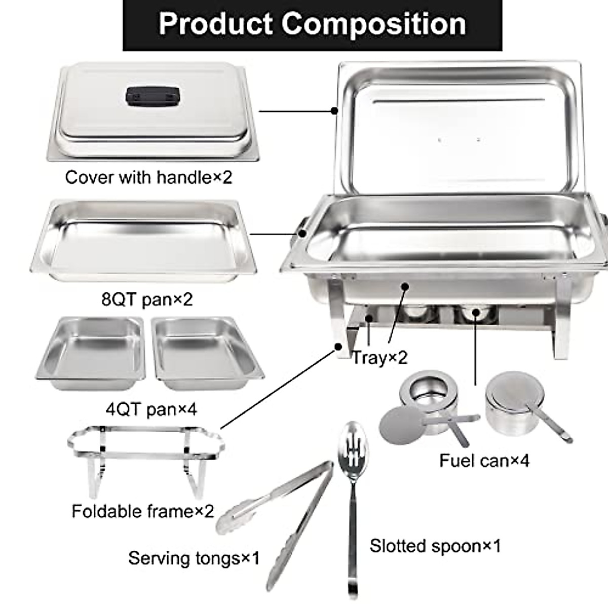 Valgus 2-Pack 8QT Stainless Steel Chafing Dish Buffet Chafer Set with Foldable Frame Water Trays, 2 Full Size, 4 Half Food Pans for Wedding, Parties, Banquet, Catering Events