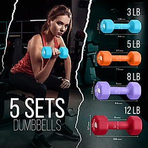 Fitness Alley Neoprene Dumbbell 5 Pairs 3LB, 5 LB, 8LB, 10LB, 12LB Dumbbells Coated for Non Slip Grip - Hex Dumbbells Weight Set - Neoprene Hand Weight Pairs - Hex Hand Weights Neoprene Dumbbells