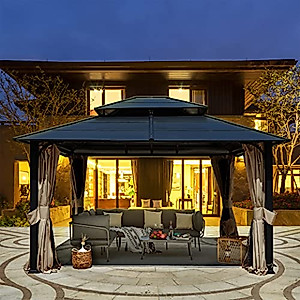 12' x 14' Metal Gazebo W/Double Roof, Anti-Rust Coating Iron Hardtop Sun Shade Shelter Outdoor Canopy & Pergolas w/Curtains and Netting, Steel Grill Gazebo for Patio Garden Lawn Deck, w/Hook Design