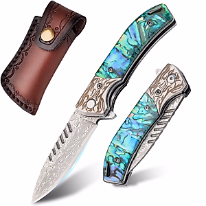 Cottonbell Damascus Pocket Knife for Men Women, Unique Abalone Seashells Handle Folding Knives,EDC Knife Survival Knife with Safety Liner Lock