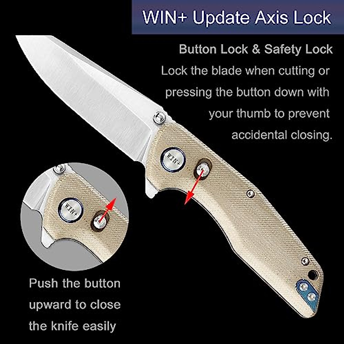 WIN+ Pocket Knife, Folding Knife with Button Lock and Axis Lock, Tactical Knives with Ball Bearing and Thumb Stud, Micarta Small EDC Knife for Survival Camping 3442 (C-Desert-Micarta)