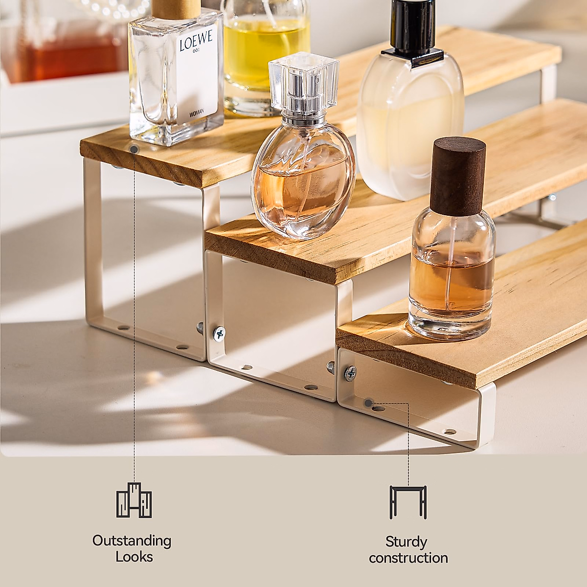 FOUCSSOMEI Spice Rack 3 Tier, Wooden Spice Rack Organizer for Cabinet, Kitchen Spice Rack for Wall, Display Risers for Party, Seasoning Organizer, Metal Frame, Free to DIY, Patented Design