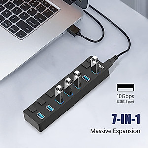 Powered USB 3.1/3.2 Hub, VANOTOM 7-Port Charging USB 3.1/3.2 Gen 2 Hub, Superspeed USB Splitter up to 10Gbps with Power Adapter and Individual On/Off Switches for PC and Laptop
