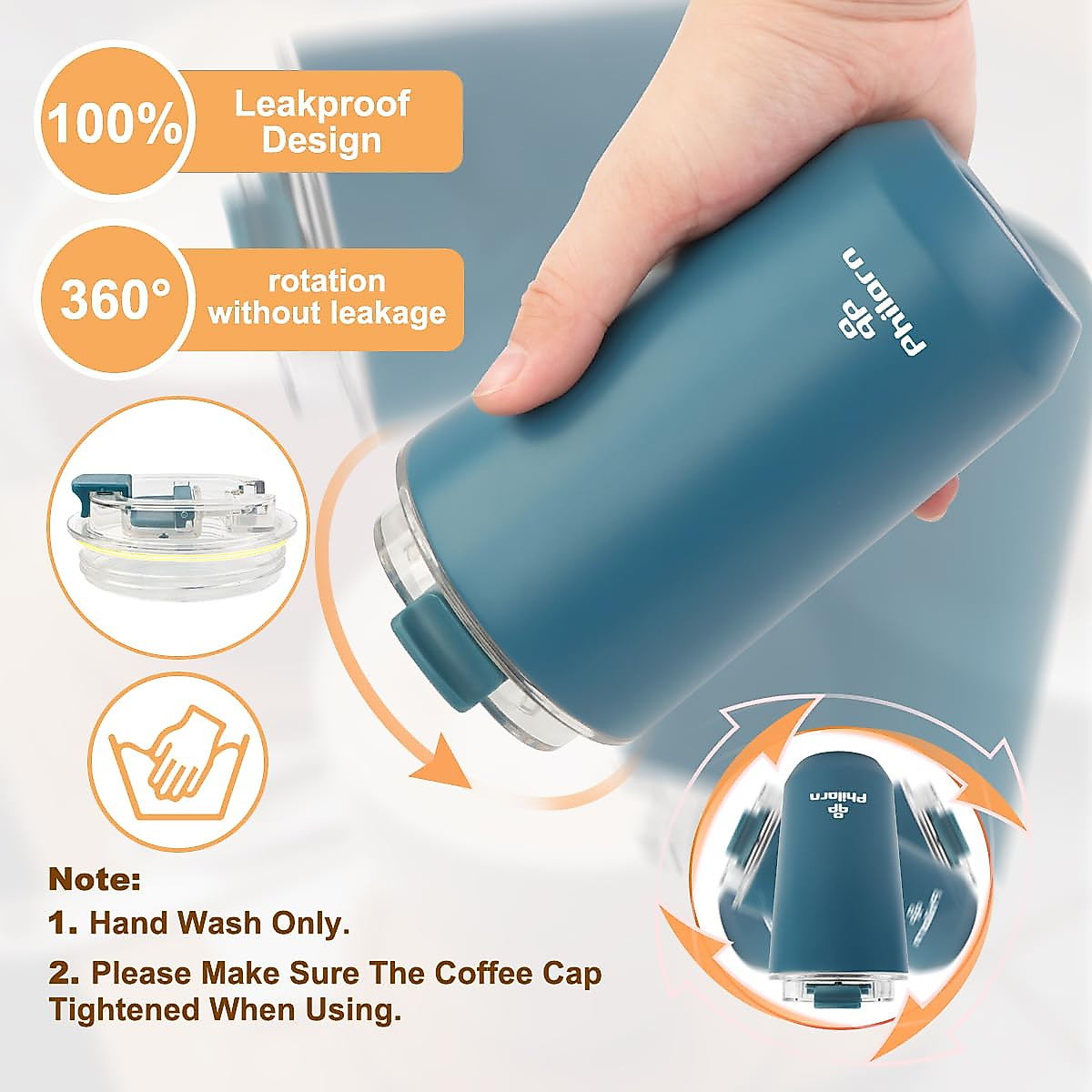 PHILORN Coffee Mug with Lid, 12 OZ Travel Mug, Leak-proof to go Coffee Mug, Stainless Steel Thermal Coffee Mug with Double Wall, Insulated Coffee Tumbler for Men and Women for Hot & Cold Drinks…