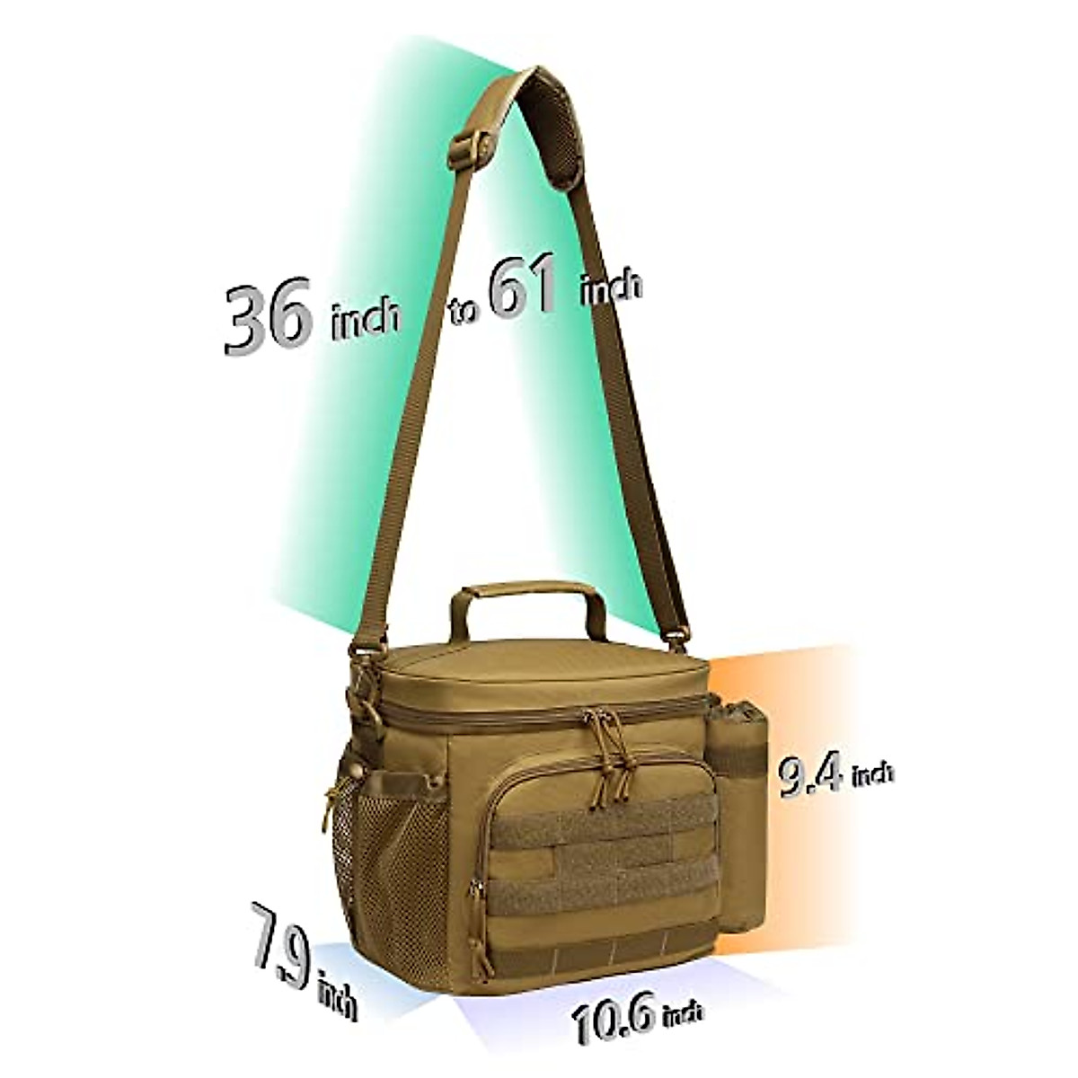 TACTICISM Tactical Lunch Box for Men 12L MOLLE Lunch Bag Adult, Up to 8 Hours Insulated lunchbox, Large Durable Leakproof Cooler with Detachable Water Bottle Pouch, for Work Camping Fishing, Brown