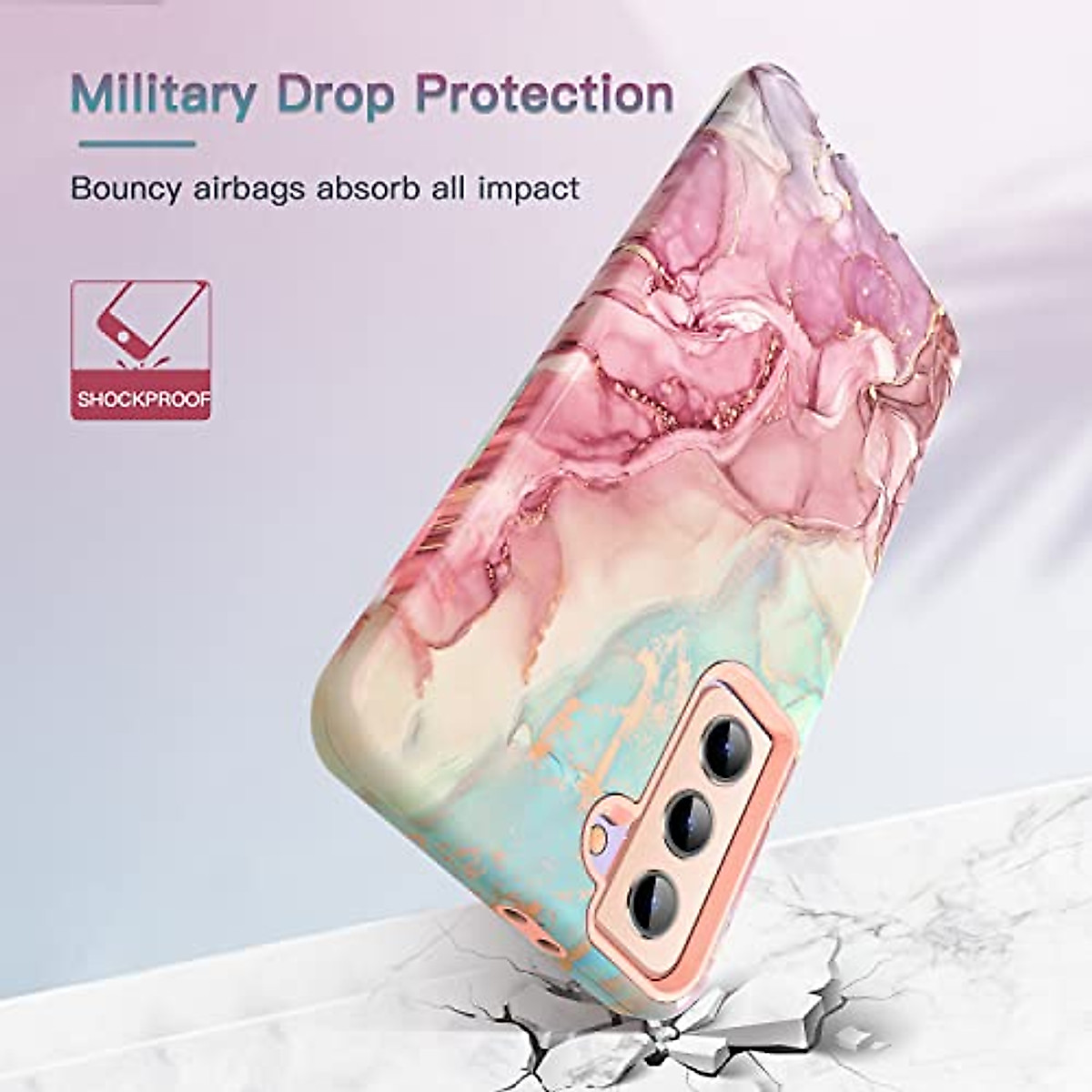 Galaxy S21 Plus Case: Marble Pattern 3-in-1 Heavy Duty Shockproof with Rugged Hard PC & Soft Silicone, Rose Gold