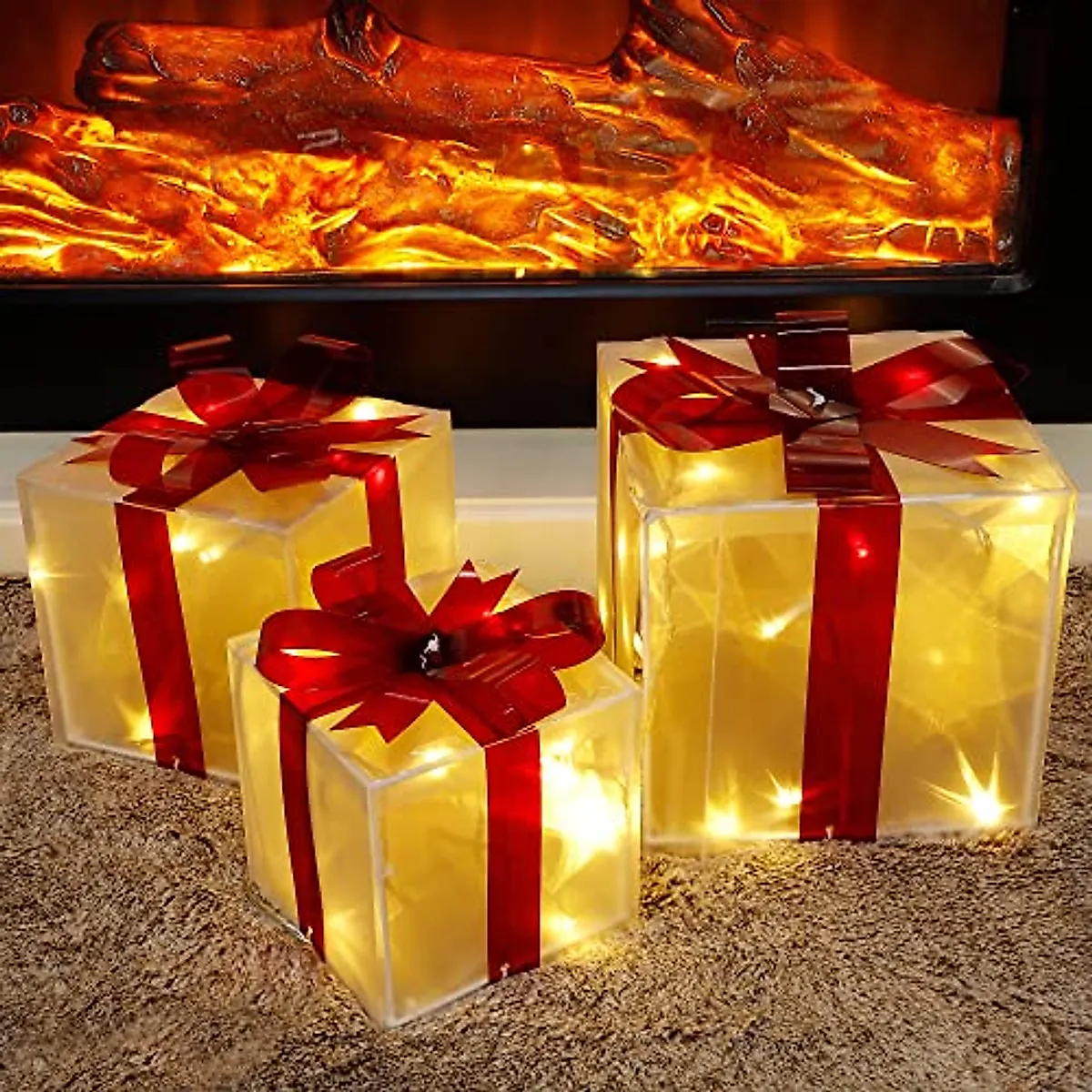 Twinkle Star Set of 3 Christmas Lighted Gift Boxes, Xmas Tree Skirt Ornament, Light Up Indoor Outdoor Pathway Present Box Holiday Party Yard Decorations
