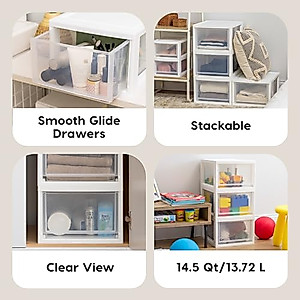 IRIS USA 14.5 Qt. Medium Plastic Stacking Drawer, Stackable Storage Organizer Unit with Sliding Drawer for Bedroom Kitchen Under Sink Pantry Craft Room Dorm Office, White, 3-Pack
