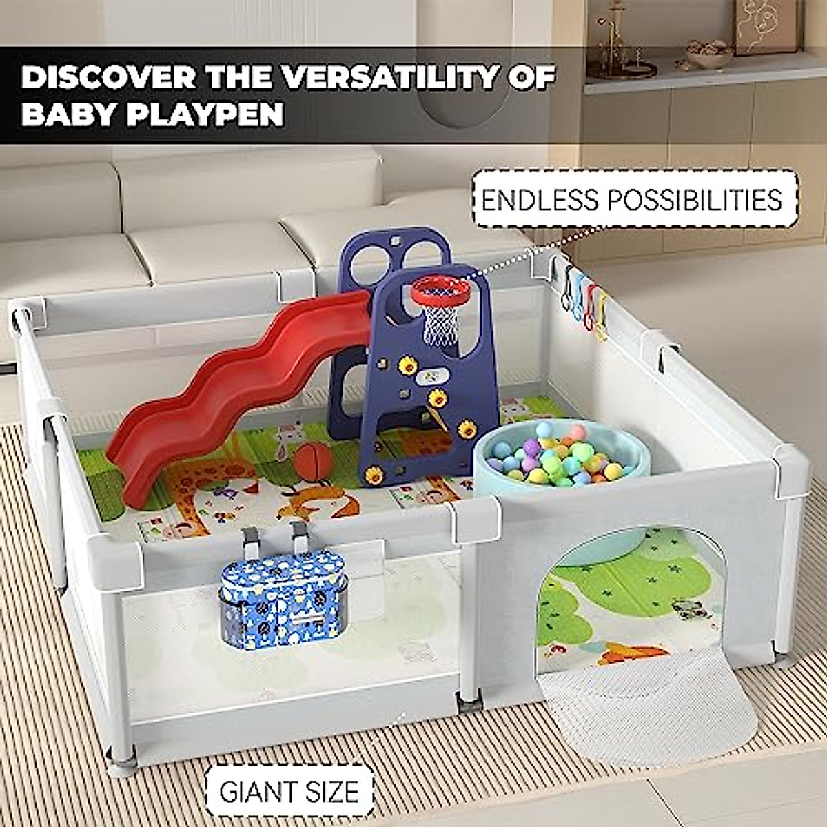 Baby Playpen with Mat 79" X 71", Extra Large Play Yard for Babies and Toddlers, Indoor/Outdoor Playpen, Sturdy Design with Gates, Play Pin, Baby Play Area with Ocean Balls