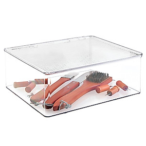 mDesign Plastic Kitchen Pantry and Fridge Storage Organizer Box Containers with Hinged Lid for Shelves or Cabinets, Holds BBQ Tools, Seasoning, Condiments, Utensils, Ligne Collection, 2 Pack, Clear