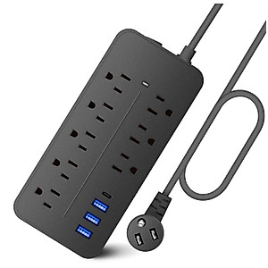 Surge Protector Power Strip with Extension Cord with 8 Outlets and 3 USB Ports, 2 Feet Power Cord (1625W/13A) , 2700 Joules, ETL Listed, Black