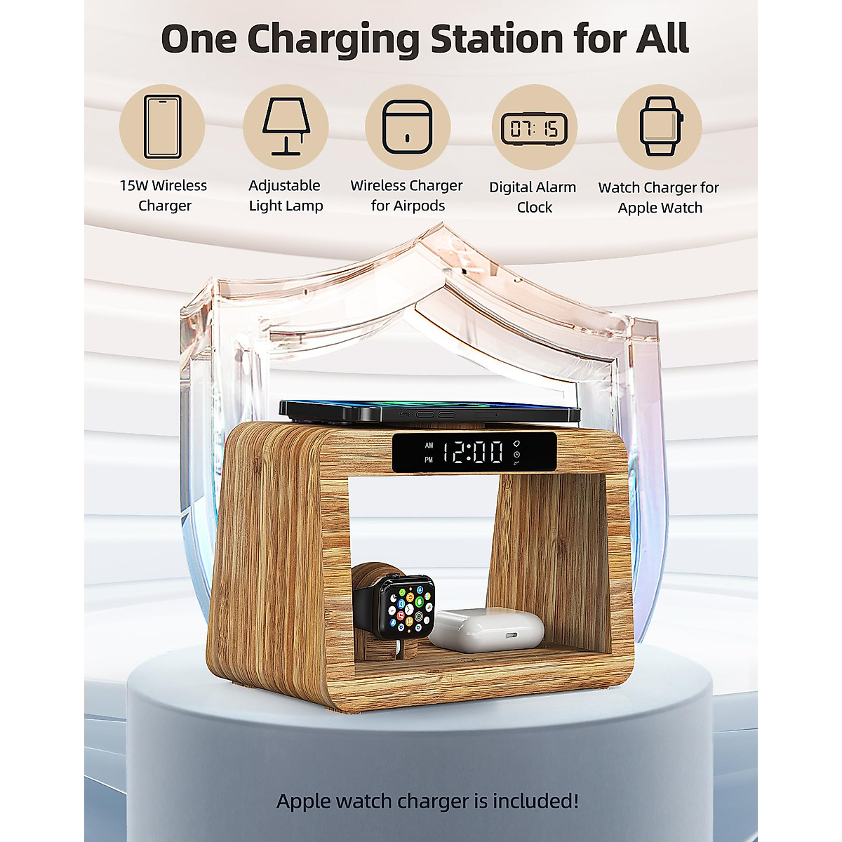 Bamboo Wireless Charging Station,Wireless Charger with Digital Alarm Clock and Night Light, Fast Charger Stand for iPhone 15/14/13/12/11 Pro Max/X/Xs, AirPods Pro, iWatch Series 8/7/6/5/SE
