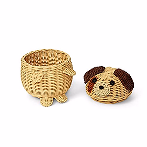 G6 COLLECTION Dog Rattan Storage Basket with Lid Decorative Home Decor Hand Woven Shelf Organizer Cute Handmade Handcrafted Nursery Gift Art Animal Decoration Artwork Wicker Puppy (Small)