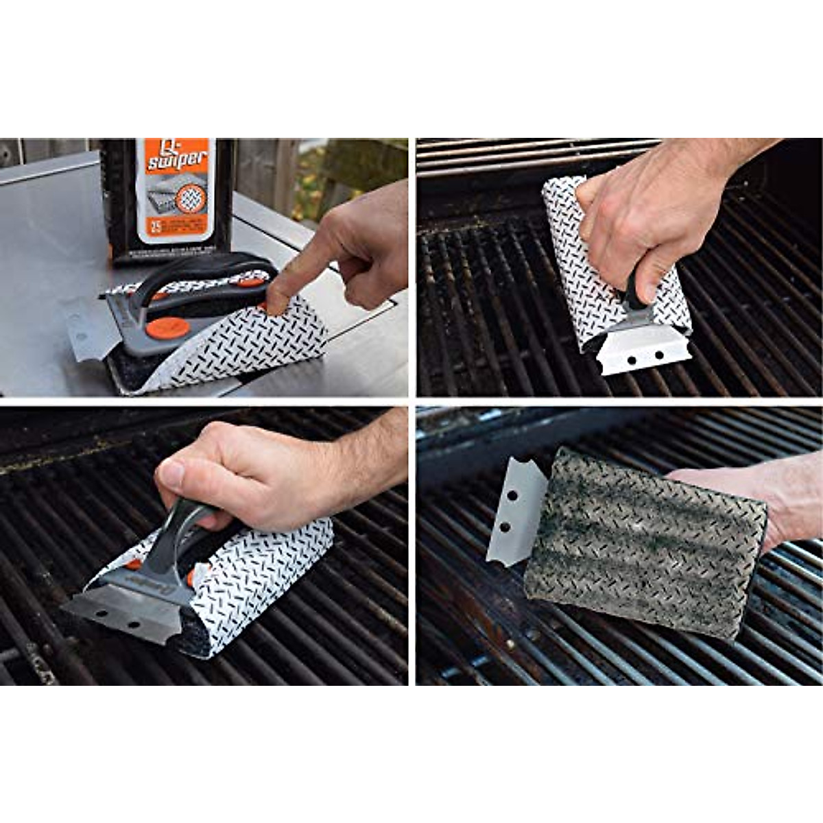 Q-Swiper BBQ Grill Cleaner Gift Bundle Set - 1 Q-Swiper Grill Brush, 65 Q-Swiper Grill Cleaning Wipes and 2 Q-Swiper Reusable Grill Cloths. Safe Way to Clean BBQ Grill Grates and Grill Exterior.