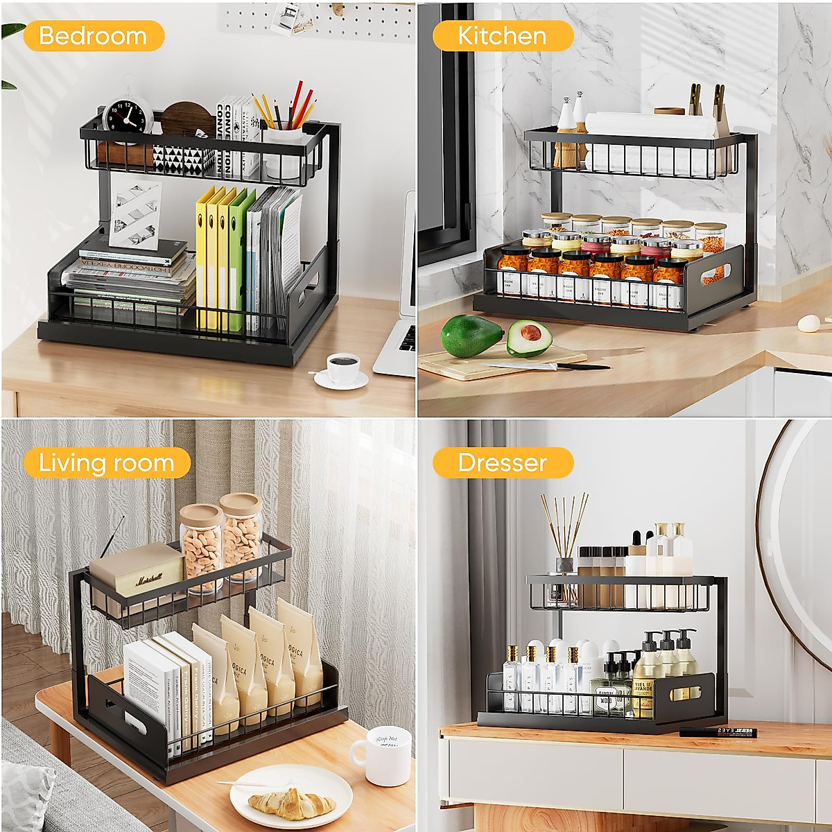 2 Pack Under Sink Organizer, 2 Tier Pull Out Cabinet Organizer Slide Out Sink Shelf Cabinet Storage Shelves, Under Sink Organizer and Storage for Kitchen Bathroom (2 Pack)