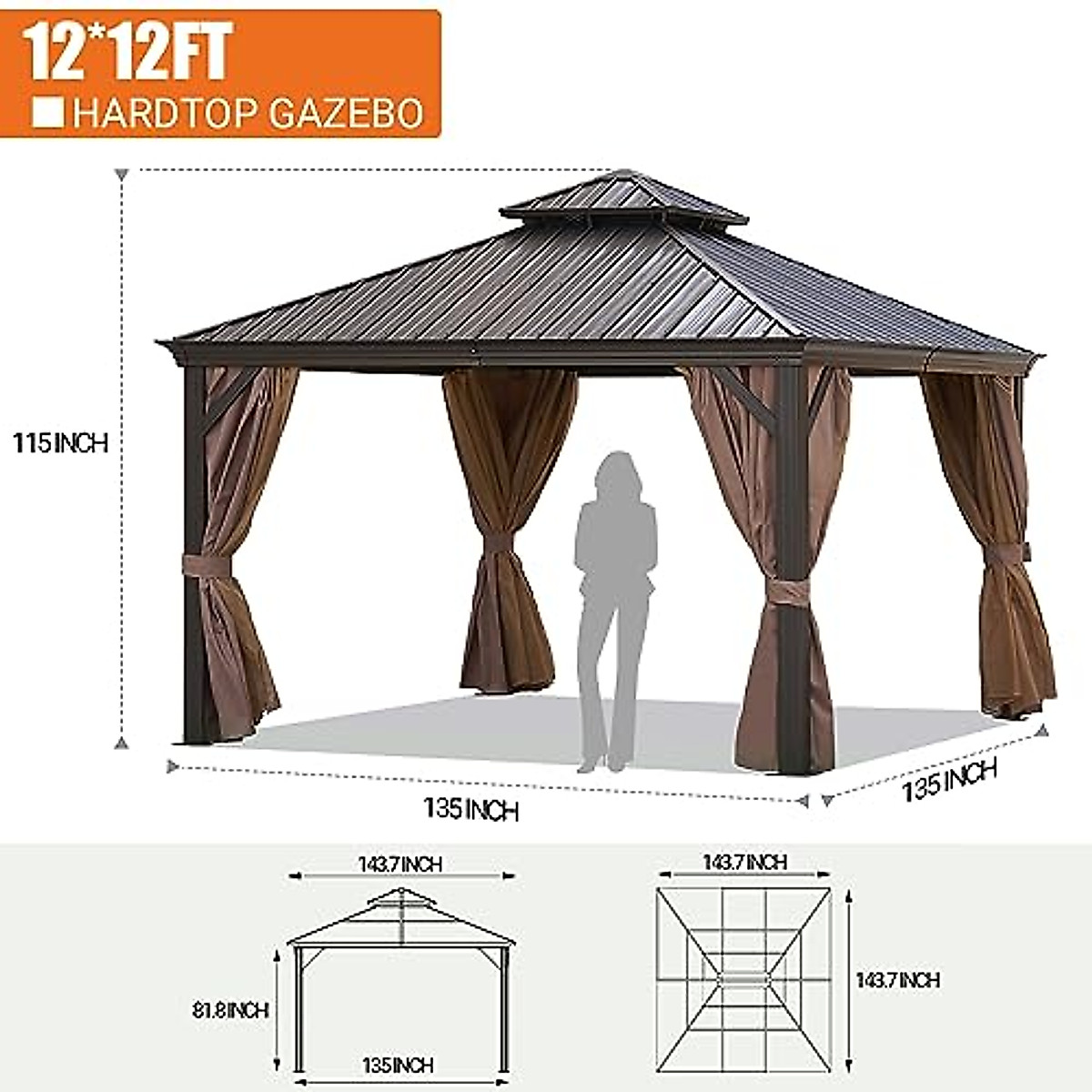 Zevemomo 12x12 ft Hardtop Gazebo, All Weather Outdoor Gazebo with 2 Tiered Steel Roof and Aluminum Frame, Permanent Gazebo with Mosquito Netting and Curtains for Deck, Patio, Backyard, Dark Brown
