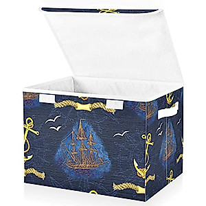 innewgogo Golden Anchor Sailing Ship Storage Bins with Lids for Organizing Cube Cubby with Handles Oxford Cloth Storage Cube Box for Car